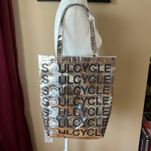 soulcycle | Bags | Soul Cycle Silver Metallic Crinkle Reflective Tote ...